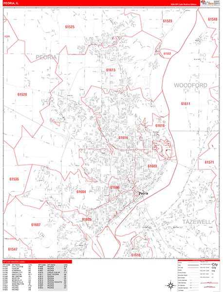 Peoria Illinois Zip Code Wall Map Red Line Style By Marketmaps Mapsales