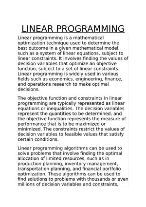 Linear Programming Minimize A Linear Objective Function Subject To A Set Of Linear Constraints