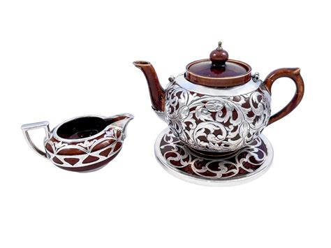 Antique Art Nouveau Lenox Brown Teapot Stand And Creamer With Sterling Silver Overlay Etsy