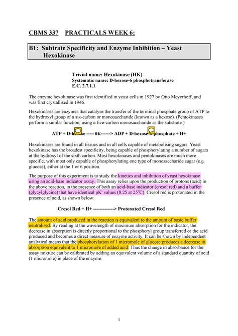 Week 6 Prac B1 Enzyme Inhibition Yeast Hexokinase Cbms 337 Practicals Week 6 B1