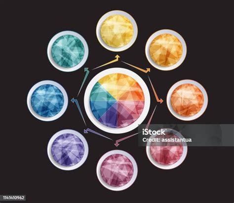 삼각형 다각형 다채로운 동그라미 템플릿 인포 그래픽 8 텍스트 영역에 대 한 위치입니다 0명에 대한 스톡 벡터 아트 및 기타 이미지 0명 개념 개념과 주제 Istock