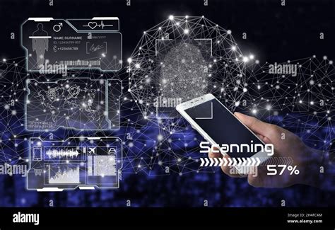 Fingerprint Scanning Of Biometric Identity And Approval Hand Hold White Smartphone With Digital