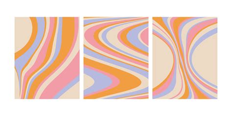 Groovy Wave Backgrounds Set Pastel Line Modern Wave Retro Abstract Design Vector Illustration