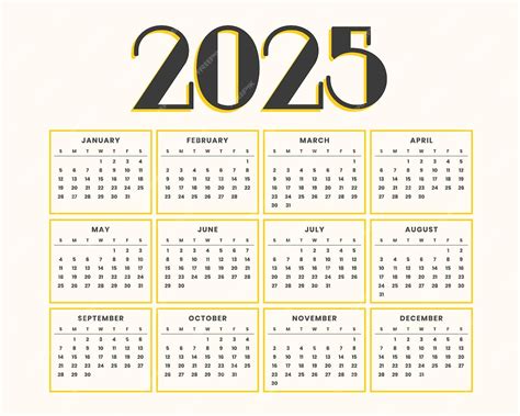 2025 연간 달력 템플릿 작업 또는 이벤트를 조직합니다 무료 벡터