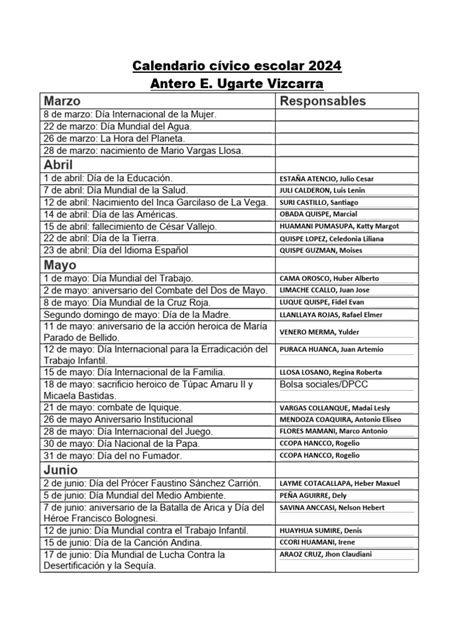 Calendario Cívico Escolar 2024 Pdf Perú América Del Sur