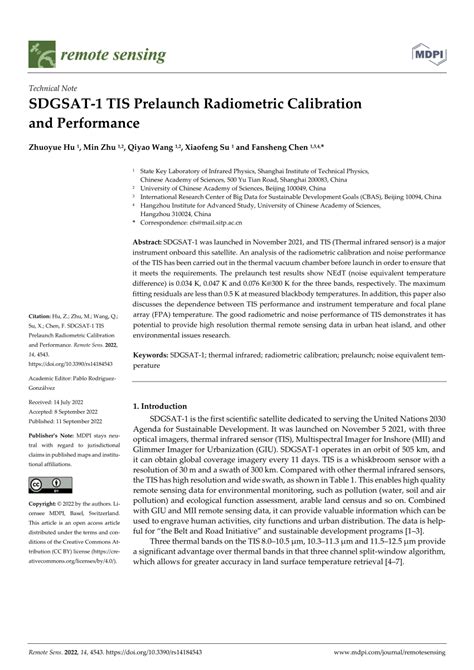 Pdf Sdgsat 1 Tis Prelaunch Radiometric Calibration And Performance