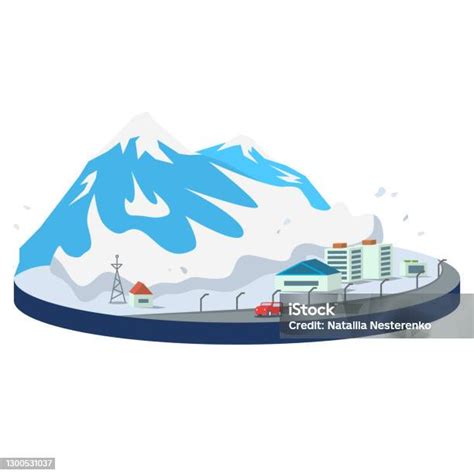 도시 만화 벡터 일러스트레이션의 눈사태 산비탈에 눈이 내리고 있습니다 눈 미끄럼 눈 미끄러짐 장면 산에 눈이 내린다 파괴적인 현상 흰색으로 고립된 플랫 컬러 자연 재해
