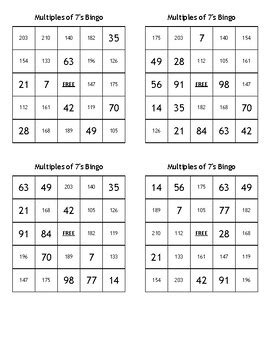 Multiples Of 7s Math Bingo 7 X 1 Thru 7 X 30 100 Different Cards