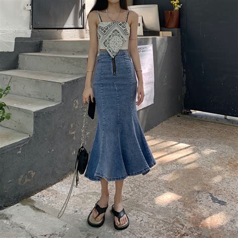 2color 하이웨스트 지퍼 빈티지 캐주얼 A라인 데님 롱 스커트 연청흑청 머메이드 청치마 데님치마 124