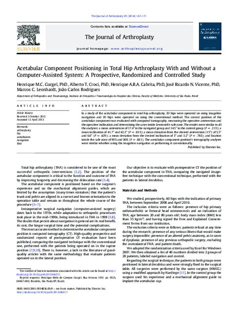 Pdf Acetabular Component Positioning In Total Hip Arthroplasty With And Without A Computer