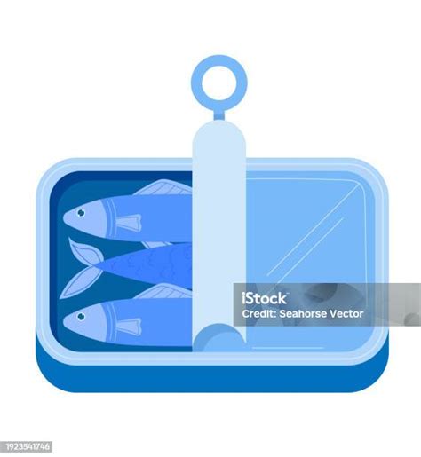 반지 잡아당기기 정상을 가진 양철 깡통에 있는 2마리의 물고기 통조림 식품 보존된 정어리 또는 고등어의 그래픽 해산물 포장 개념 벡터 일러스트 레이 션 정어리에 대한 스톡