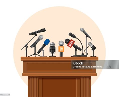 기자회견 연단 기자 마이크와 토론 스피커트리뷴 인터뷰 또는 공개 발표 벡터 개념을 위한 플랫폼 마이크에 대한 스톡 벡터 아트 및