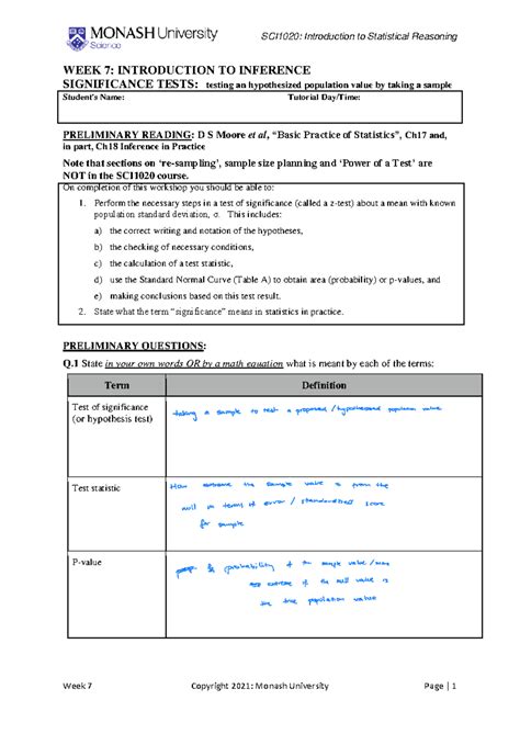 Week 07 Weekly Tutorial Answers Sci1020 Introduction To
