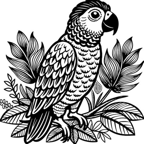 Un Dibujo En Blanco Y Negro De Un Loro En Un árbol Con Hojas Y Flores