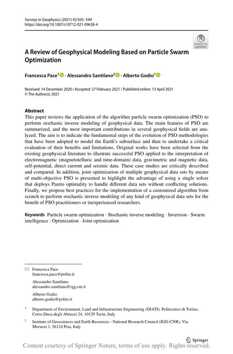 Pdf A Review Of Geophysical Modeling Based On Particle Swarm Optimization
