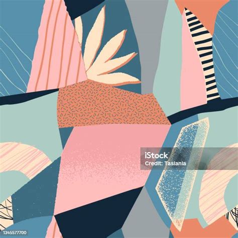 펑키 기하학적 모양은 콜라주 원활한 패턴을 잘라냅니다 추상적인 꽃 열대 및 기하학 배경 주제에 대한 스톡 벡터 아트 및 기타 이미지 배경 주제 열대 기후 0명