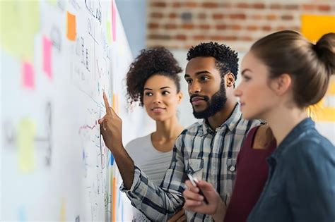 Diverse Team Collaborating On Whiteboard With Diagrams And Sticky Notes Premium Ai Generated Image