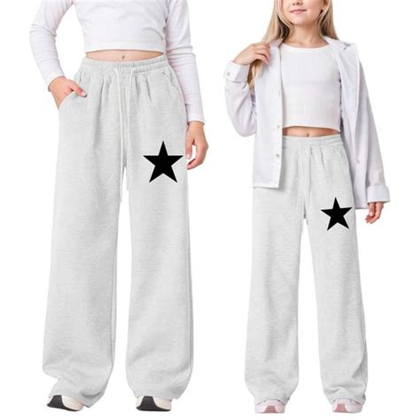 Girls Lightweight Straight Wide Leg Pants With Pockets Stars Print