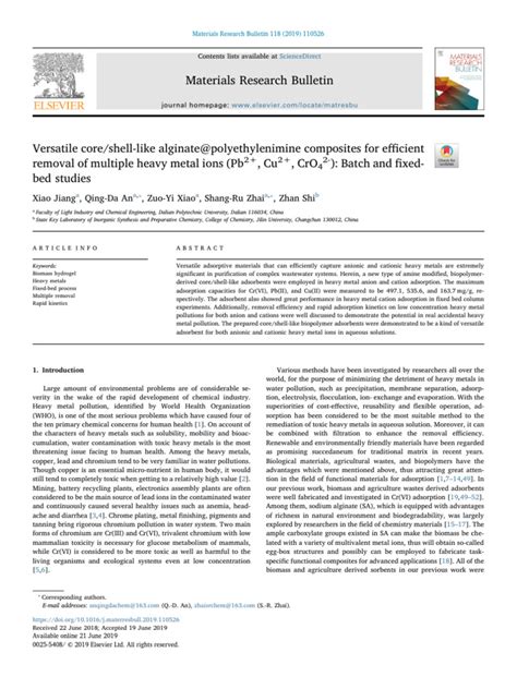 Versatile Coreshell Like Alginatepolyethylenimine Composites For Efficient Pdf Adsorption