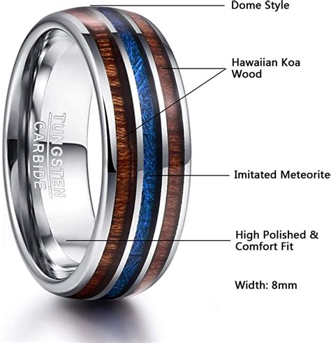 Women Men Tungsten Carbide Rings Domed Hawaiian Koa Wood Blue Imitated