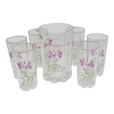 1960s Italy Glass Pitcher With Glasses 7 Pieces Iris Pattern Chairish