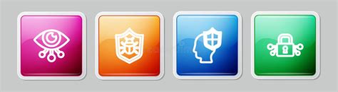 Set Line Eye Scan System Bug Head With Shield And Cyber Security Colorful Square Button Stock