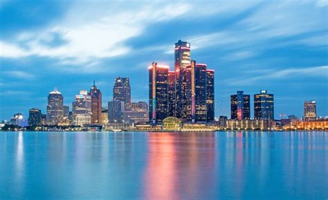 Detroit Michigan Downtown Skyline Just After Sunset Editorial