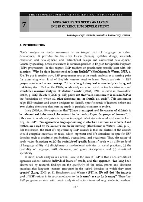 Pdf Approaches To Needs Analysis In Esp Curriculum Development