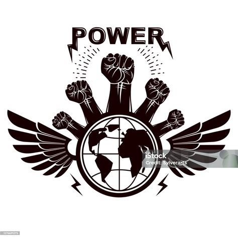 성난 사람들의 꽉 주먹을 움켜 쥐는 것은 지구 지구 상징으로 구성된 벡터 엠블럼을 날개 달린다 남북 전쟁 추상 일러스트 사회