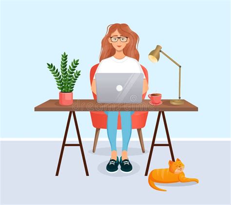 Woman Sits At A Table Works At Home At A Computer Remote Work Freelance Home Office