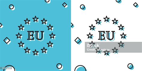 파란색과 흰색 배경에 격리 된 유럽 연합 아이콘의 검은 깃발입니다 Eu 원 기호입니다 Eu 국기를 흔드는 임의 동적 셰이프 벡터 일러스트레이션 가능성에 대한 스톡 벡터 아트