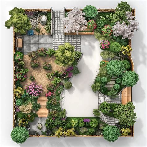 Top Down View Of A Landscape Design Of Tree And Shrub Composition Along