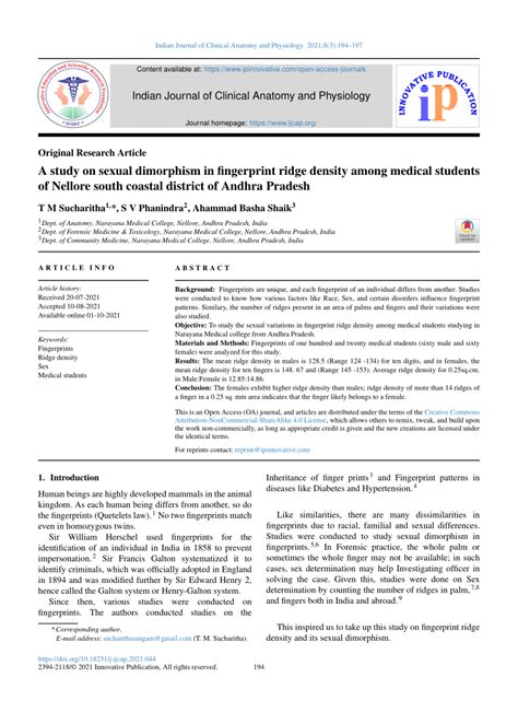 PDF A Study On Sexual Dimorphism In Fingerprint Ridge Density Among Medical Babes Of