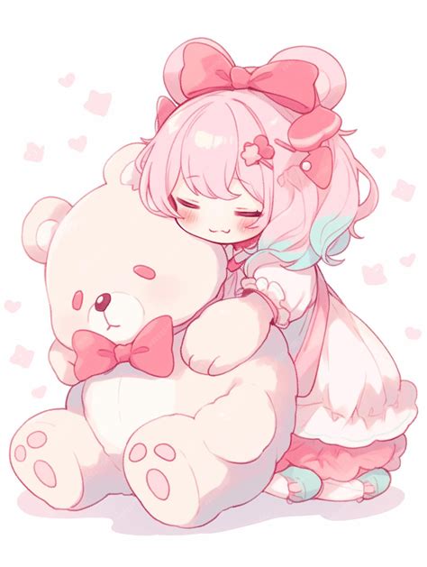 Premium Photo Anime Girl Hugging A Teddy Bear With Hearts Around Her