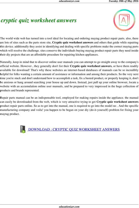 Cryptic Quiz Worksheet Answers — Db