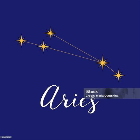 양자리 별자리 점성술 벡터 일러스트와 손 글자 인스크리프리온 어두운 파란색 배경에 고립 된 노란색 별과 선으로 만든 별자리
