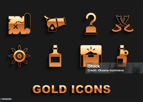 알코올 음료 럼주 교차 해적 검 골동품 보물 상자 선박 스티어링 휠 해적 갈고리 지도 및 대포 아이콘을 설정합니다 벡터 가공의 인물에 대한 스톡 벡터 아트 및 기타 이미지