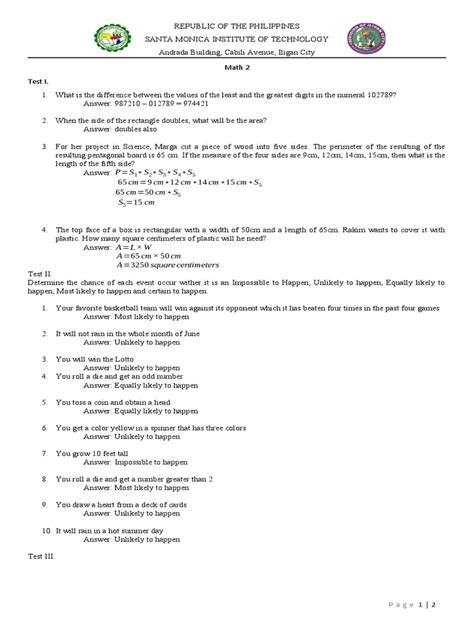 Sample Math And Probability Tests From Santa Monica Institute Of