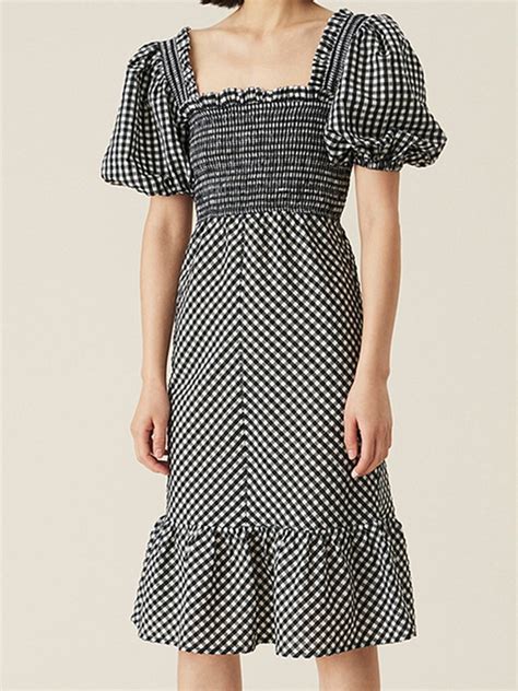 여성용 2022 스퀘어넥 퍼프 소매 슬림 피쉬테일 반팔 중간 길이 블랙 및 화이트 격자 무늬 미디 드레스 여름 신상 Aliexpress