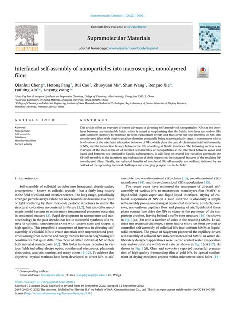 Pdf Interfacial Self Assembly Of Nanoparticles Into Macroscopic Monolayered Films