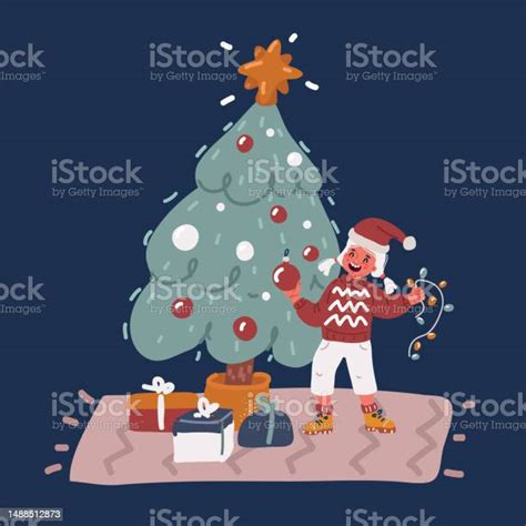 크리스마스 선물 상자를 들고 웃는 행복한 작은 소녀의 만화 벡터 삽화 12월에 대한 스톡 벡터 아트 및 기타 이미지 12월