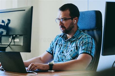 Portrait Professional Man Programmer Working Concentrated On Computer