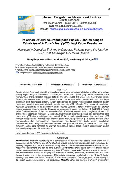Pdf Pelatihan Deteksi Neuropati Dengan Teknik Ipswich Touch Test Pada Pasien Diabetes Melitus