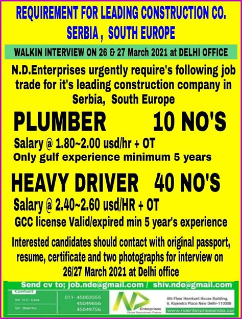 Requirement For Leading Construction Serbia South Europe — Jobs In Europe