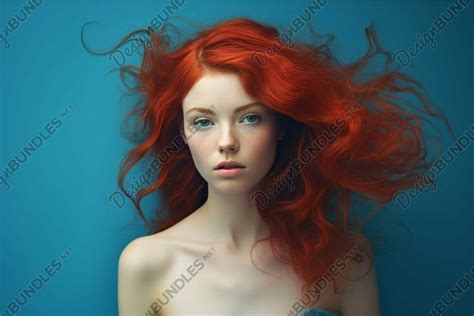 Fiery Redhead Beauty On Blue Background