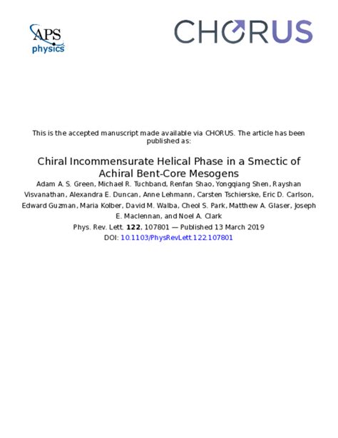 Pdf Chiral Incommensurate Helical Phase In A Smectic Of Achiral Bent Core Mesogens