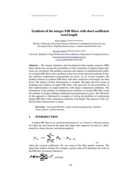 Pdf Synthesis Of The Integer Fir Filters With Short Coefficient Word
