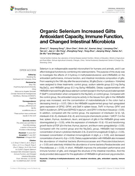 Pdf Organic Selenium Increased Gilts Antioxidant Capacity Immune
