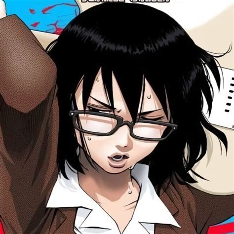 An Anime Character With Black Hair And Glasses Holding Her Arms Behind