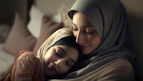 Ai Generativa Feliz Madre Musulmana Abrazando A Su Hija En La Cama